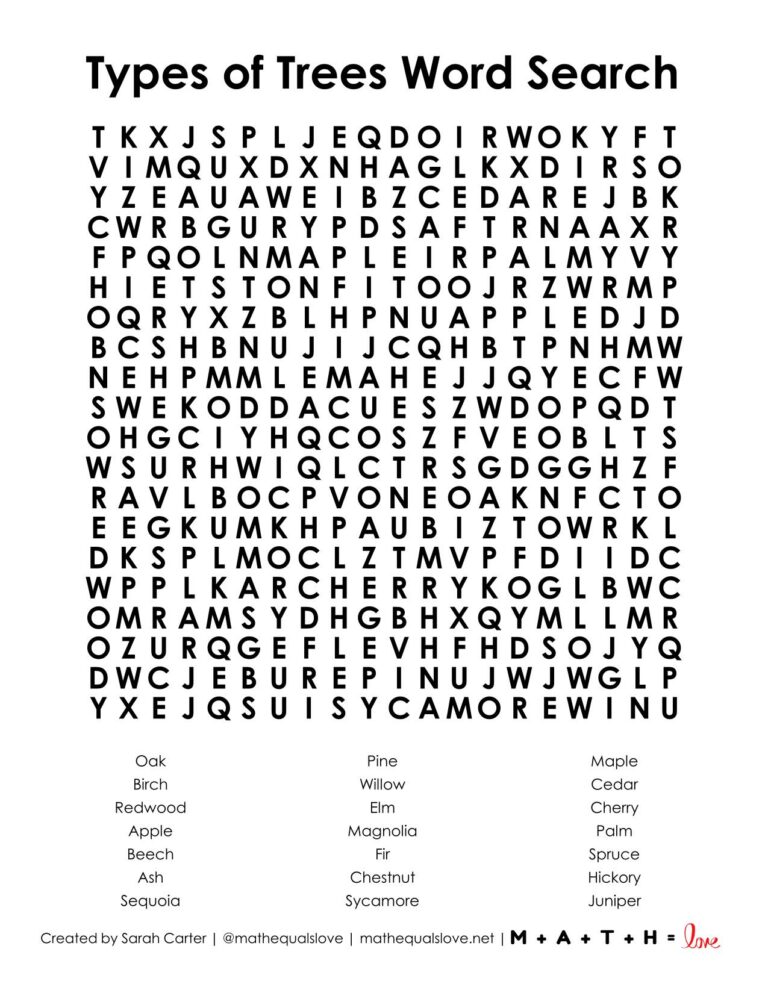 Types of Trees Word Search Puzzle | Math = Love