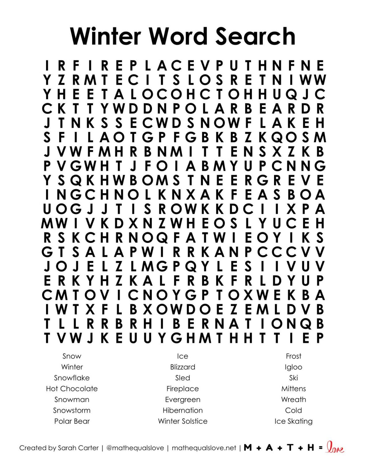 Winter Word Search Puzzle | Math = Love