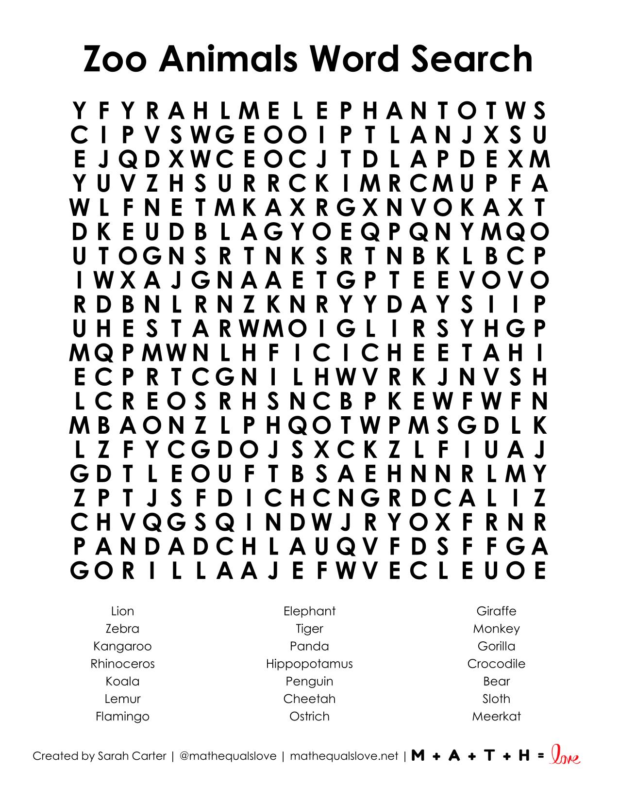 Zoo Animals Word Search Puzzle | Math = Love