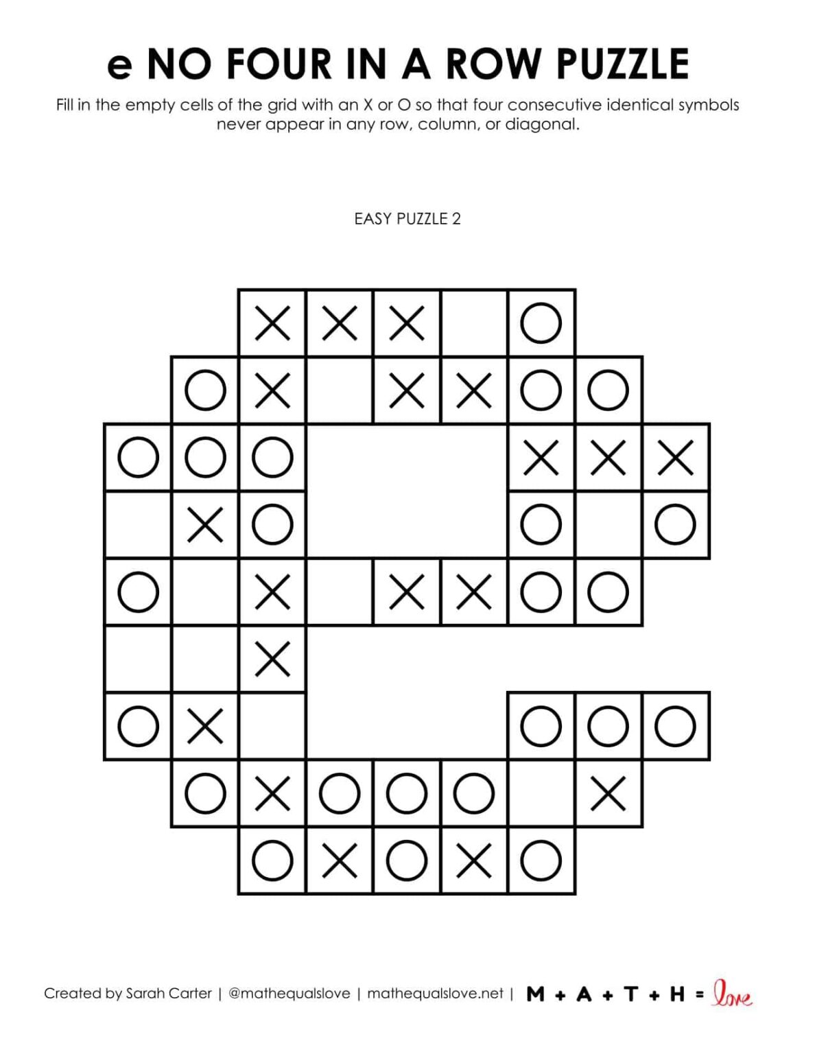 e Symbol No Four in a Row Puzzles | Math = Love