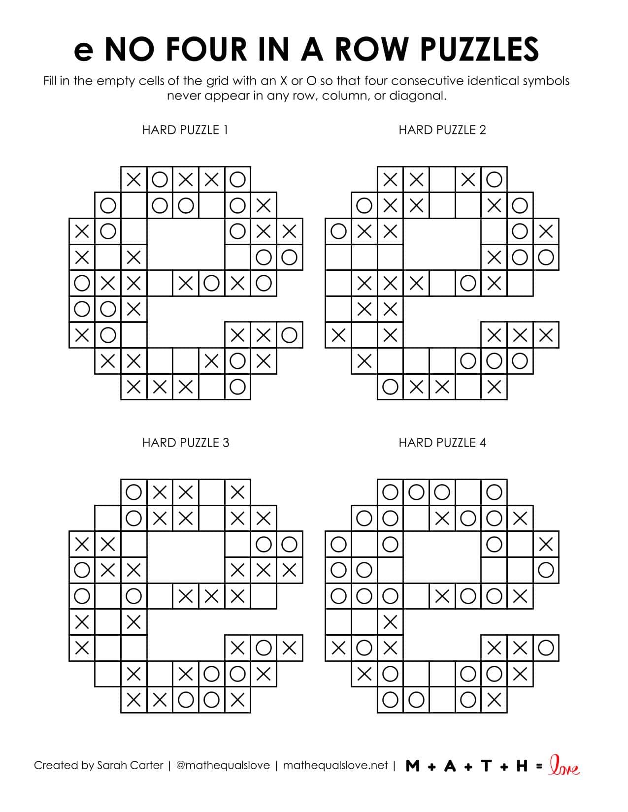 e Symbol No Four in a Row Puzzles | Math = Love