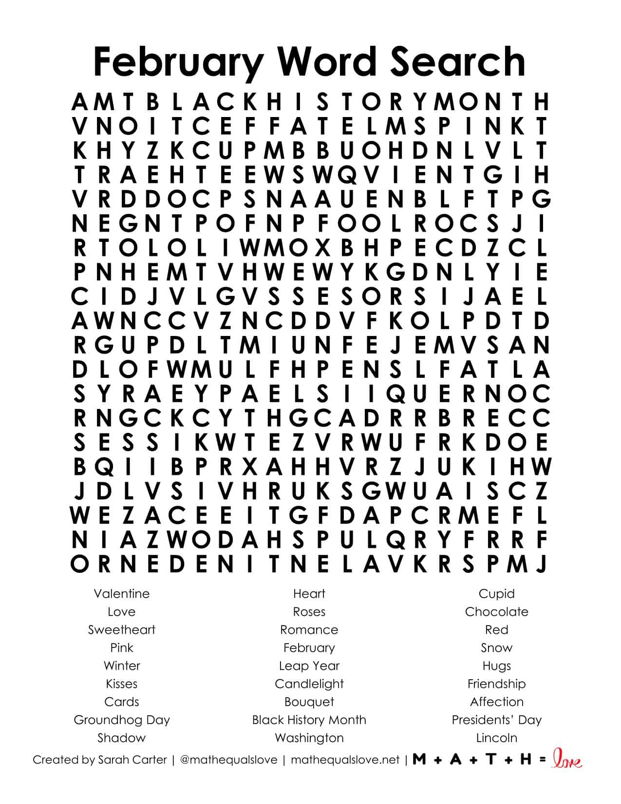 February Word Search Puzzle | Math = Love