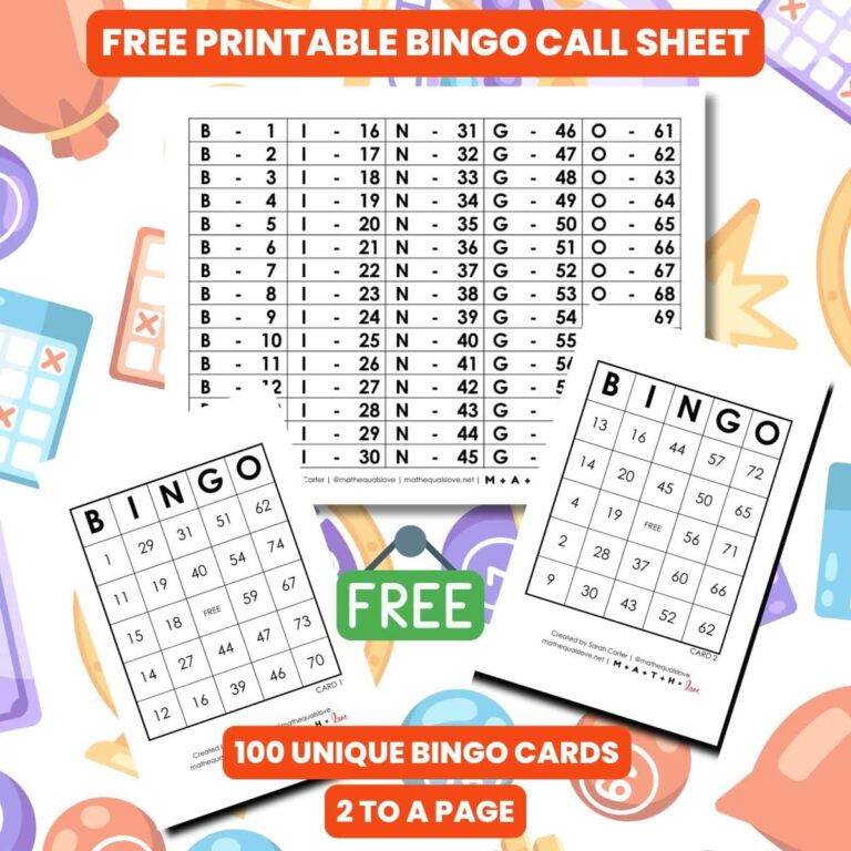 Free Printable PDF Bingo Cards and Call Sheet (1-75)
