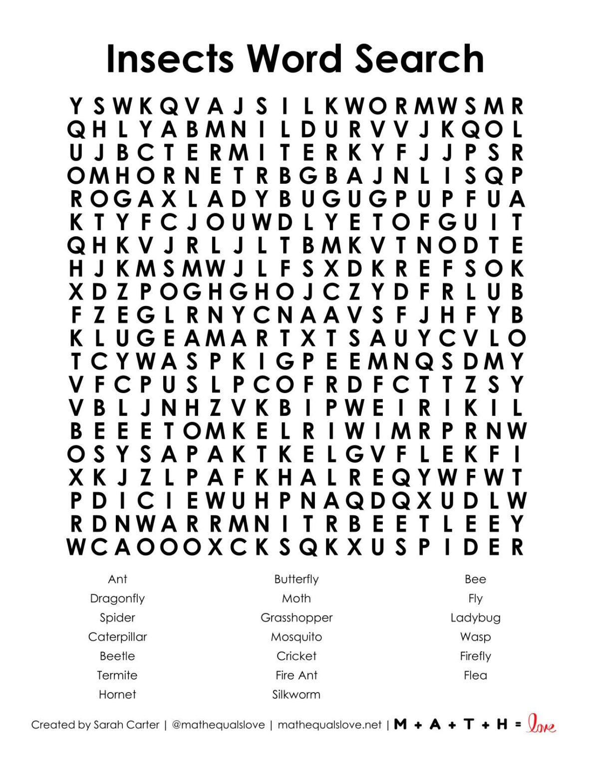 Insects Word Search Puzzle | Math = Love