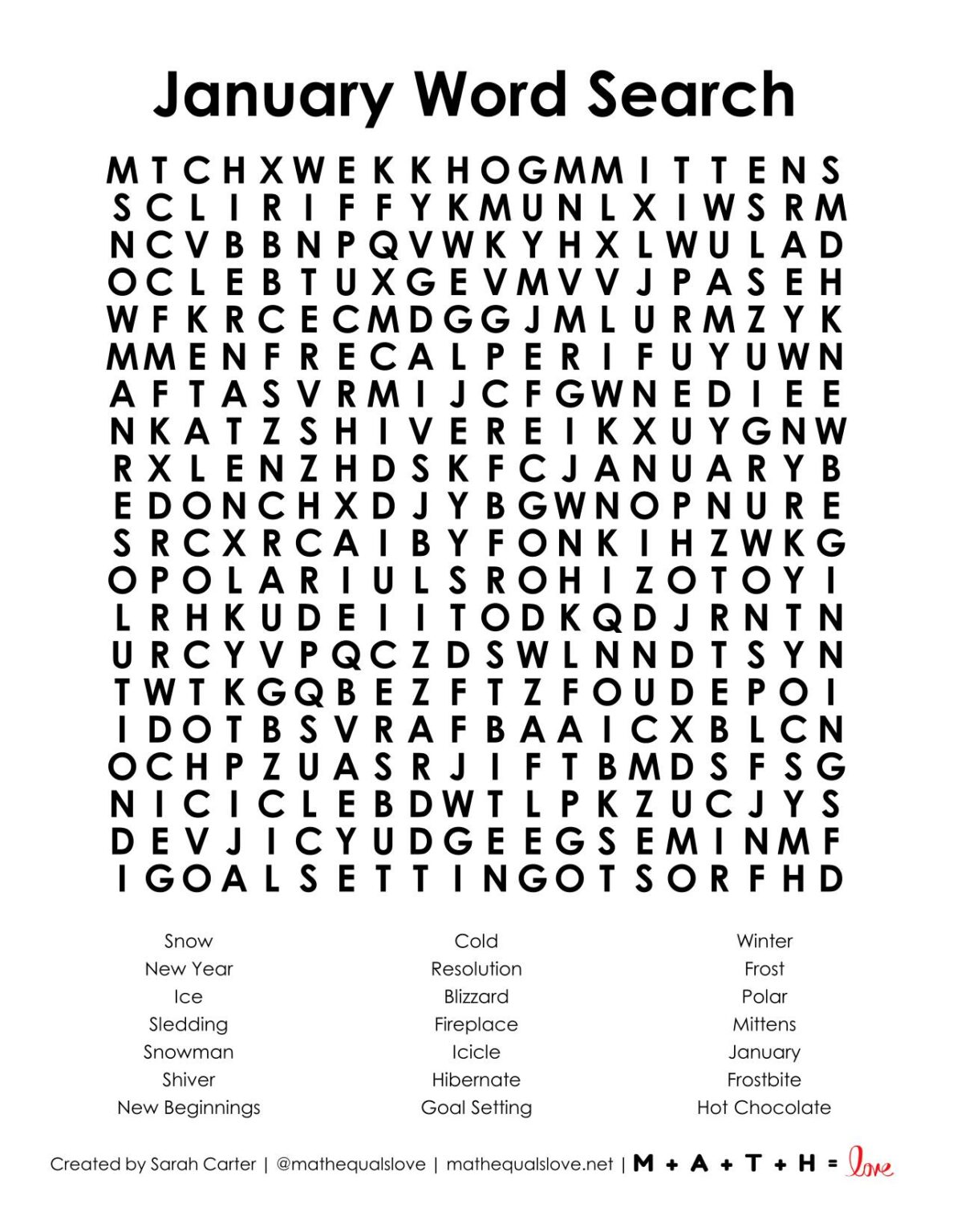 January Word Search Puzzle | Math = Love