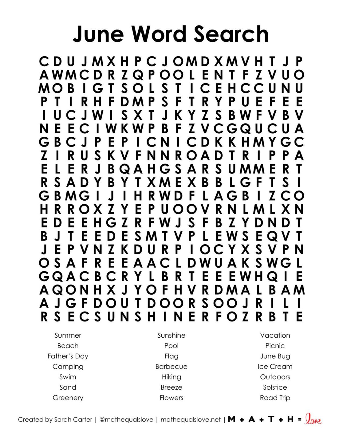June Word Search Puzzle | Math = Love