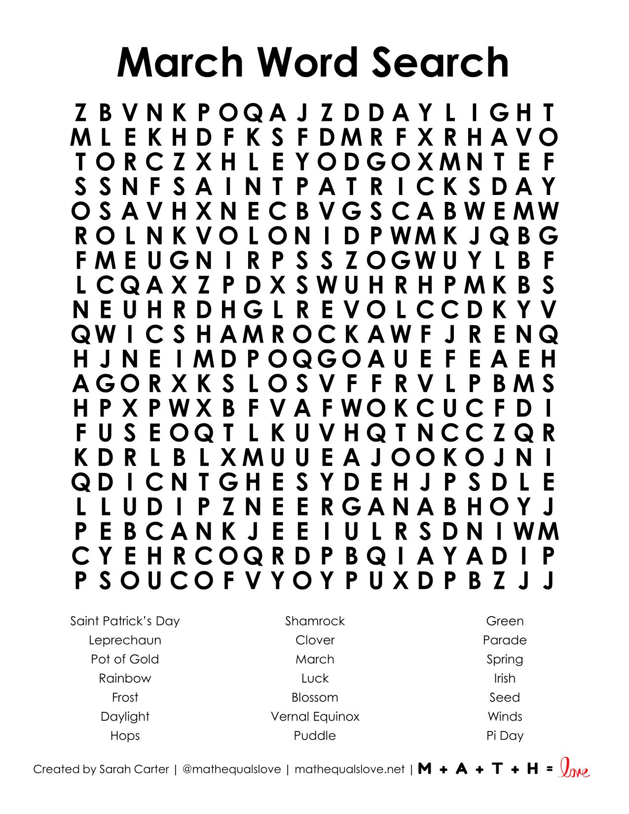 March Word Search Puzzle | Math = Love