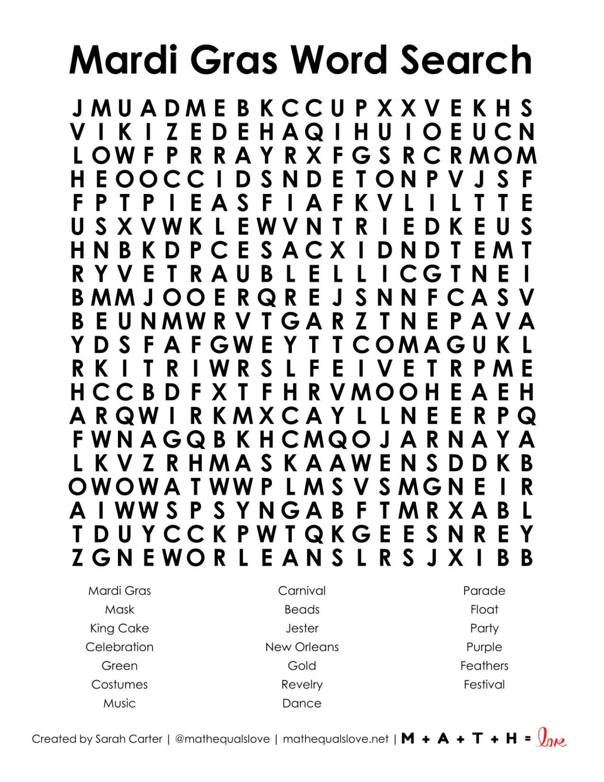 Mardi Gras Word Search Puzzle | Math = Love