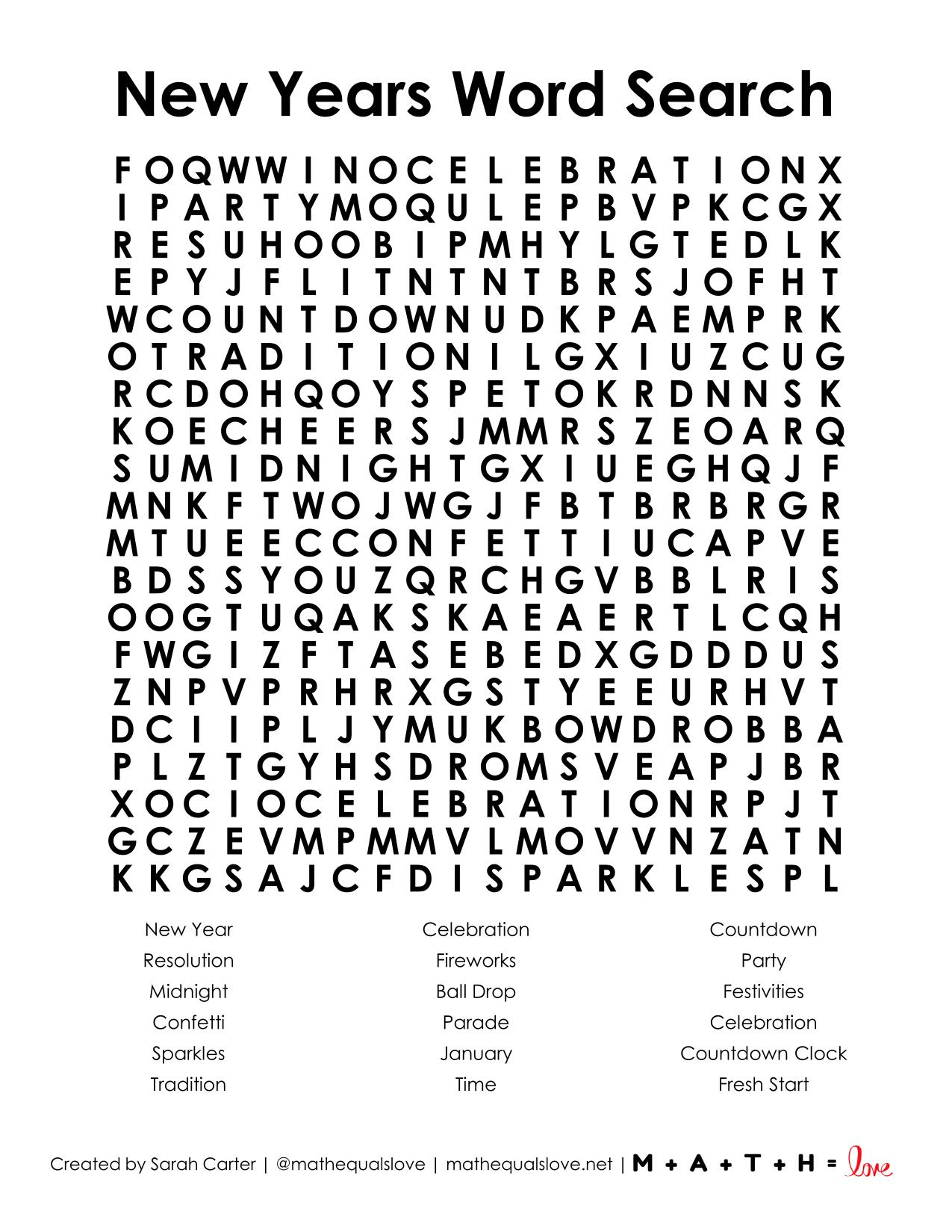 New Years Word Search Puzzle | Math = Love