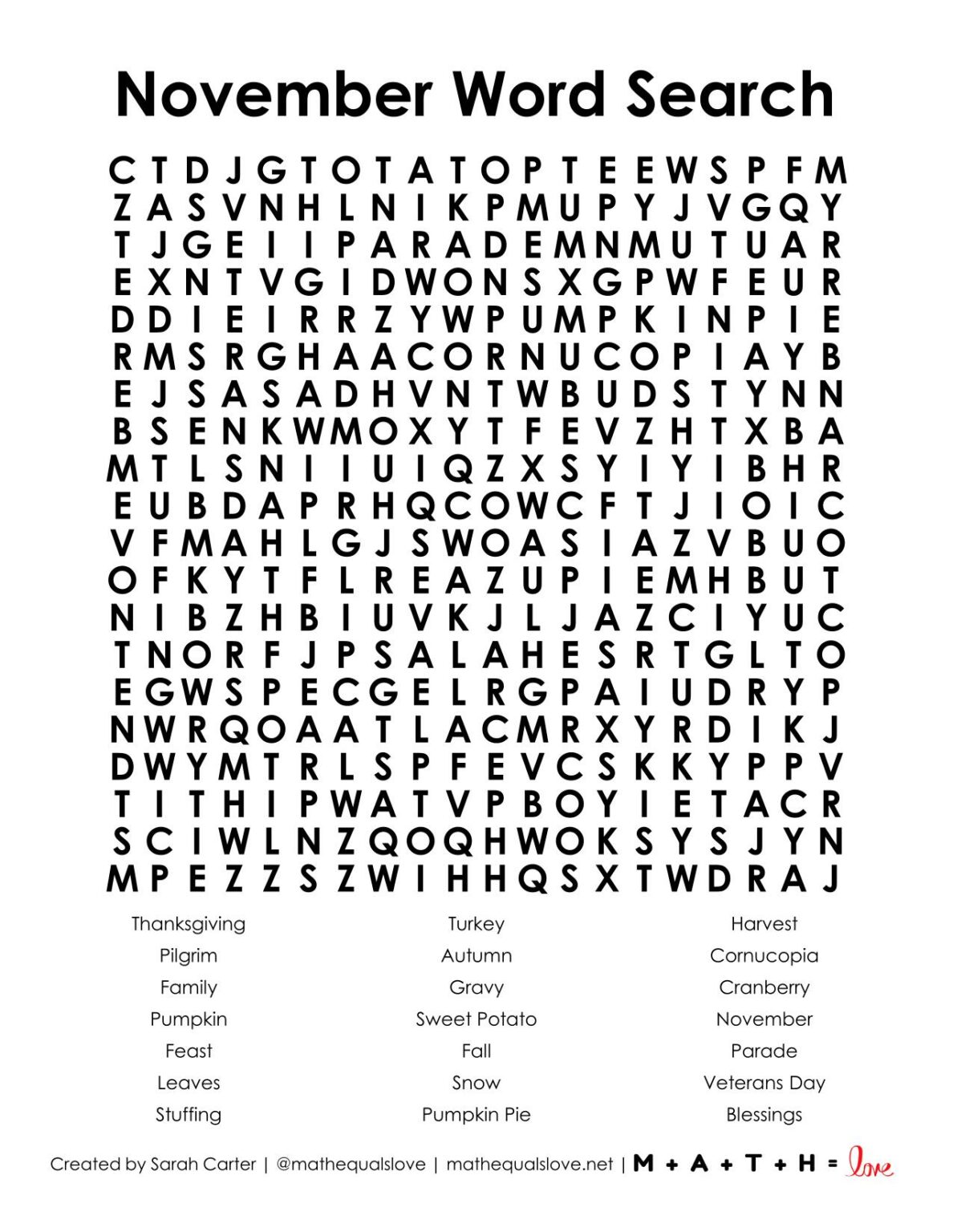 November Word Search Puzzle | Math = Love