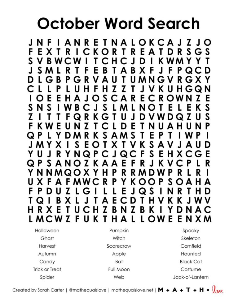 October Word Search Puzzle | Math = Love