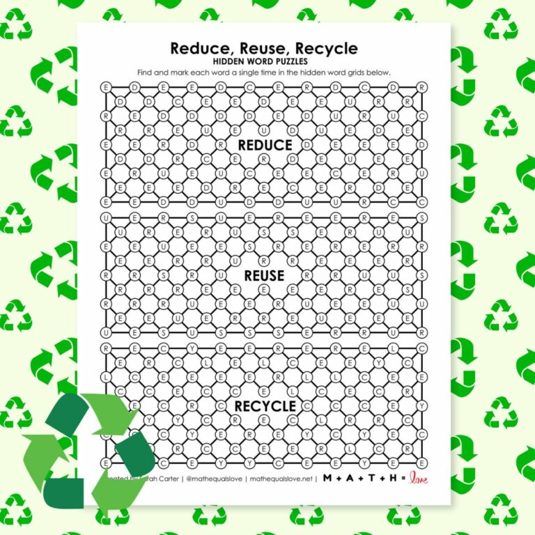 Reduce, Reuse, Recycle Hidden Word Puzzle | Math = Love