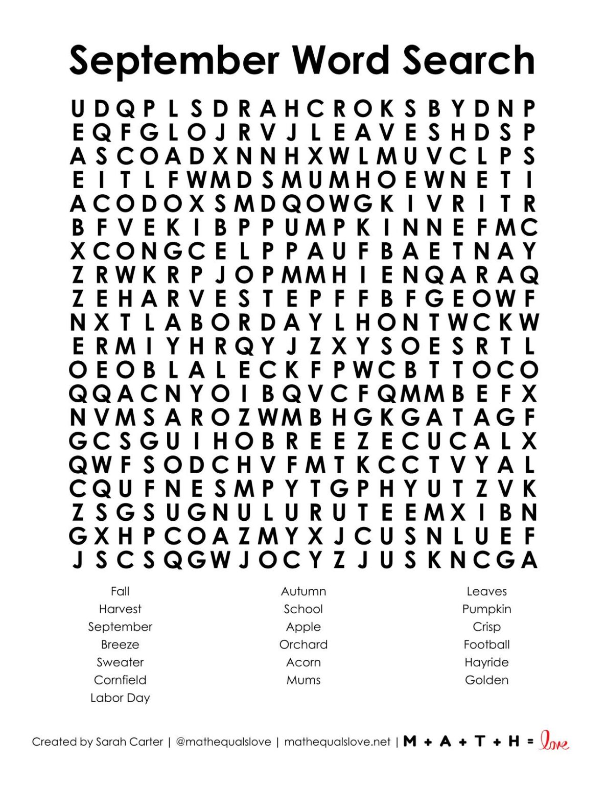 September Word Search Puzzle | Math = Love