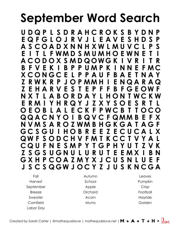 September Word Search Puzzle | Math = Love