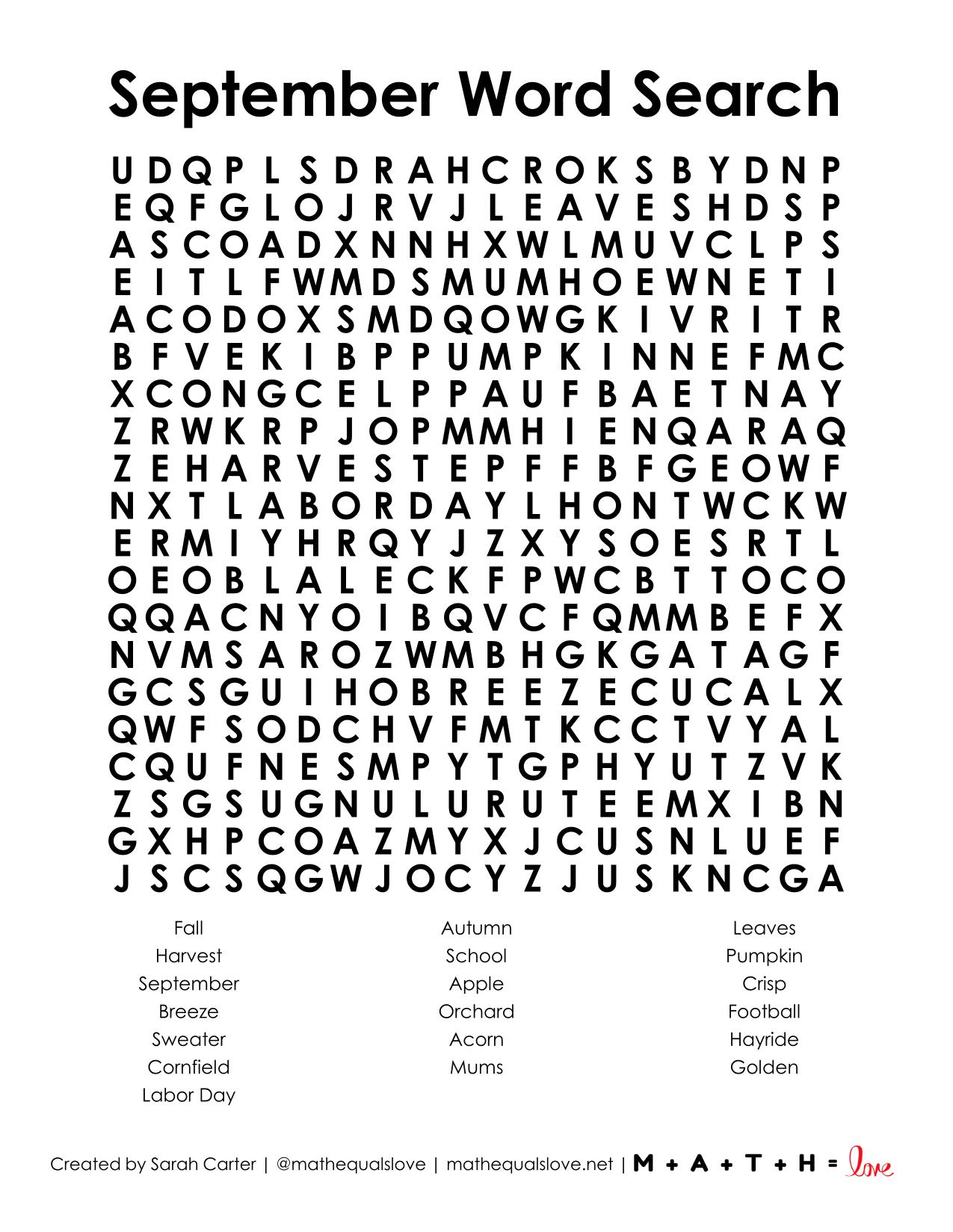September Word Search Puzzle | Math = Love