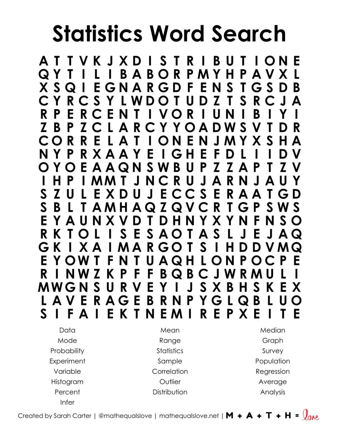 Statistics Word Search Puzzle | Math = Love