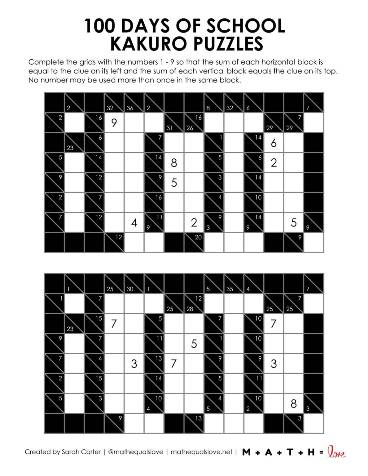 100 Days of School Kakuro Puzzles | Math = Love