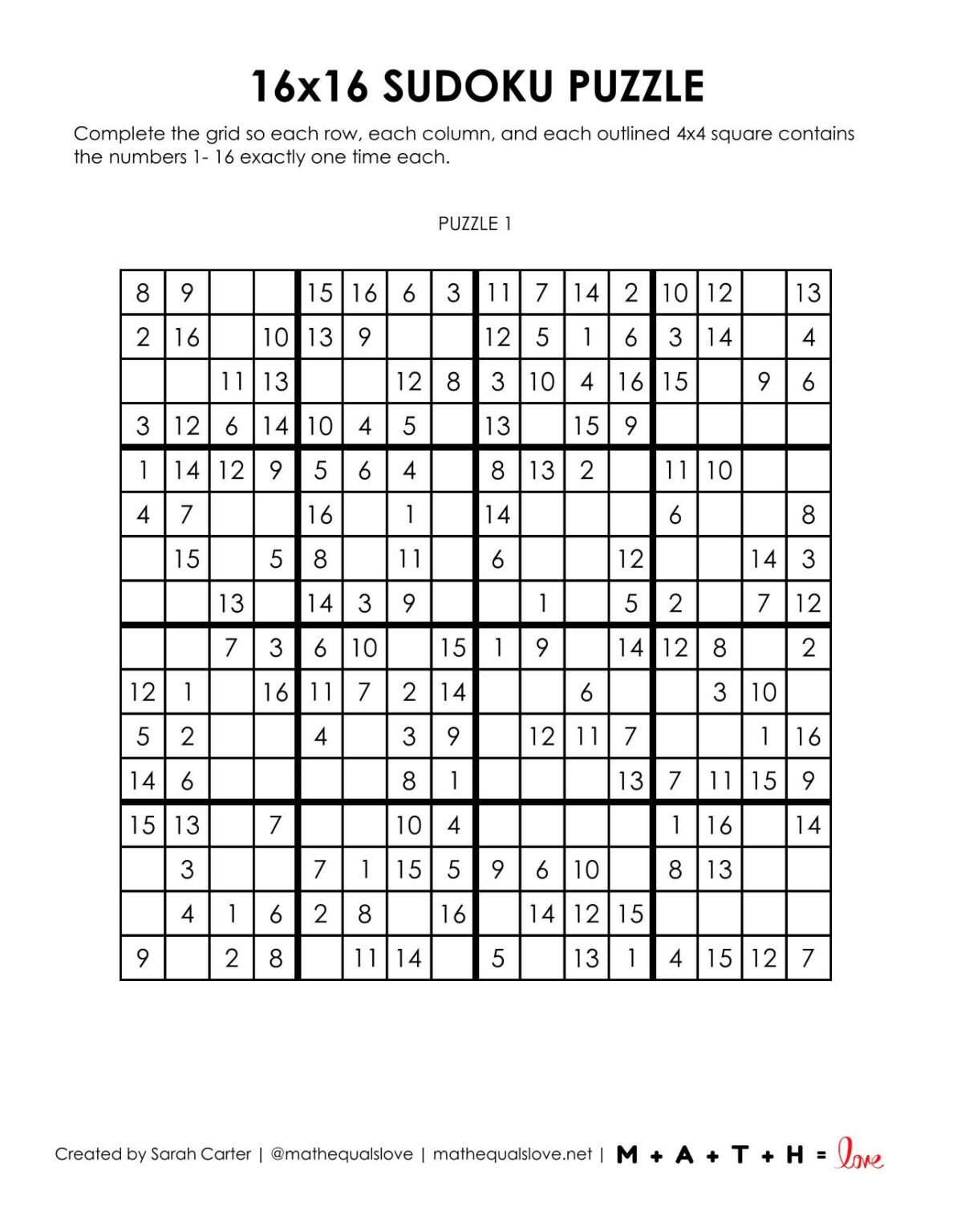 Free 16x16 Printable Sudoku Puzzles (PDF)