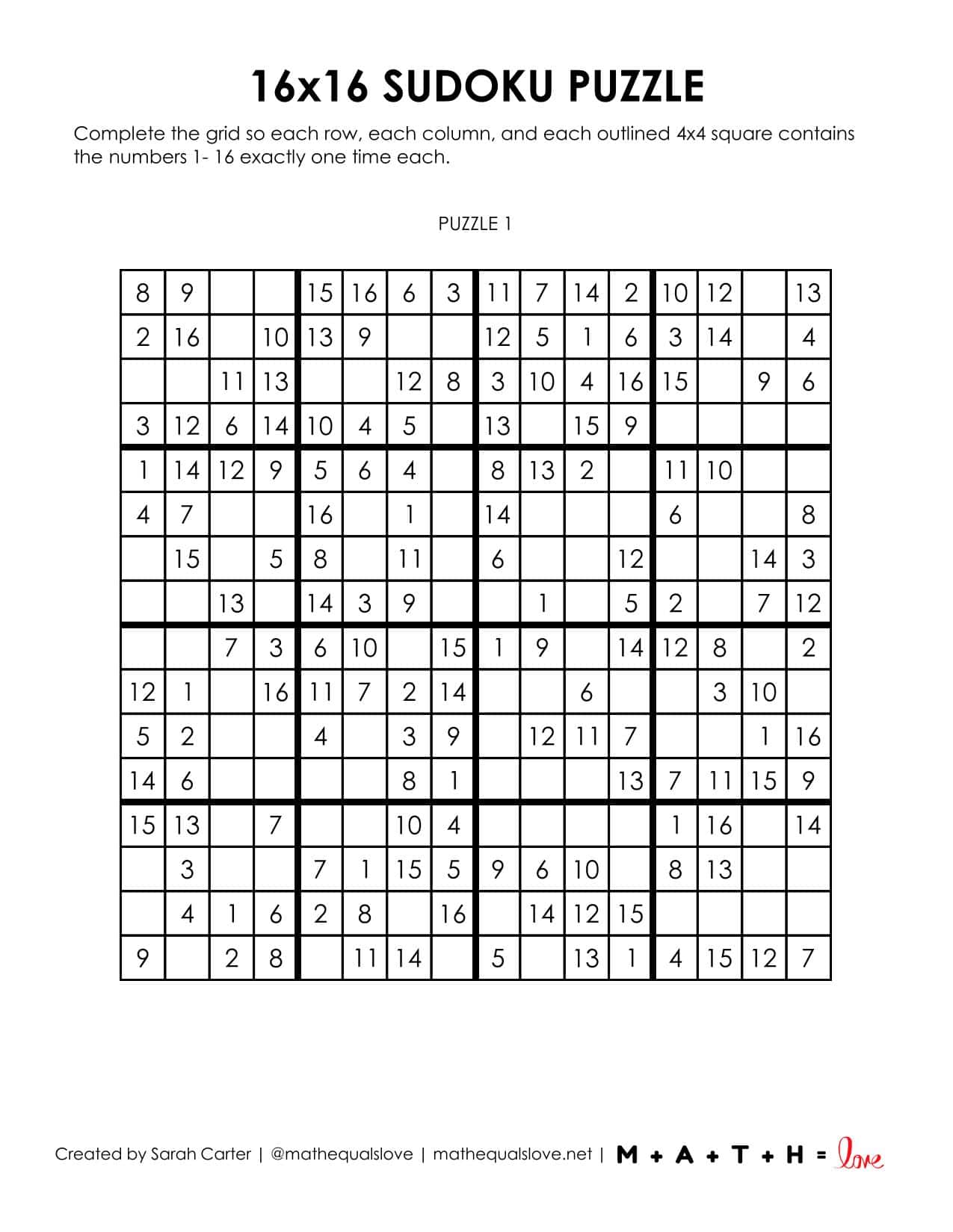 Free 16x16 Printable Sudoku Puzzles (PDF)