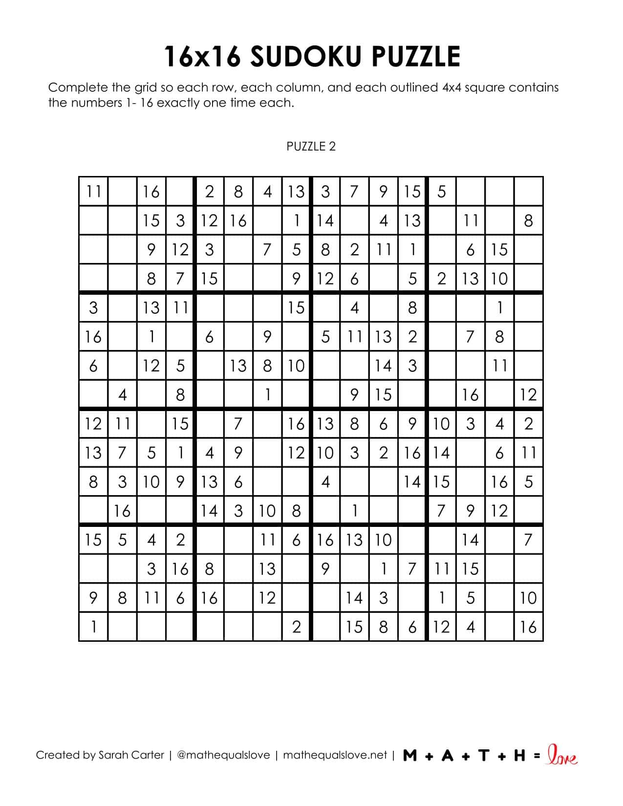 Free 16x16 Printable Sudoku Puzzles (PDF)