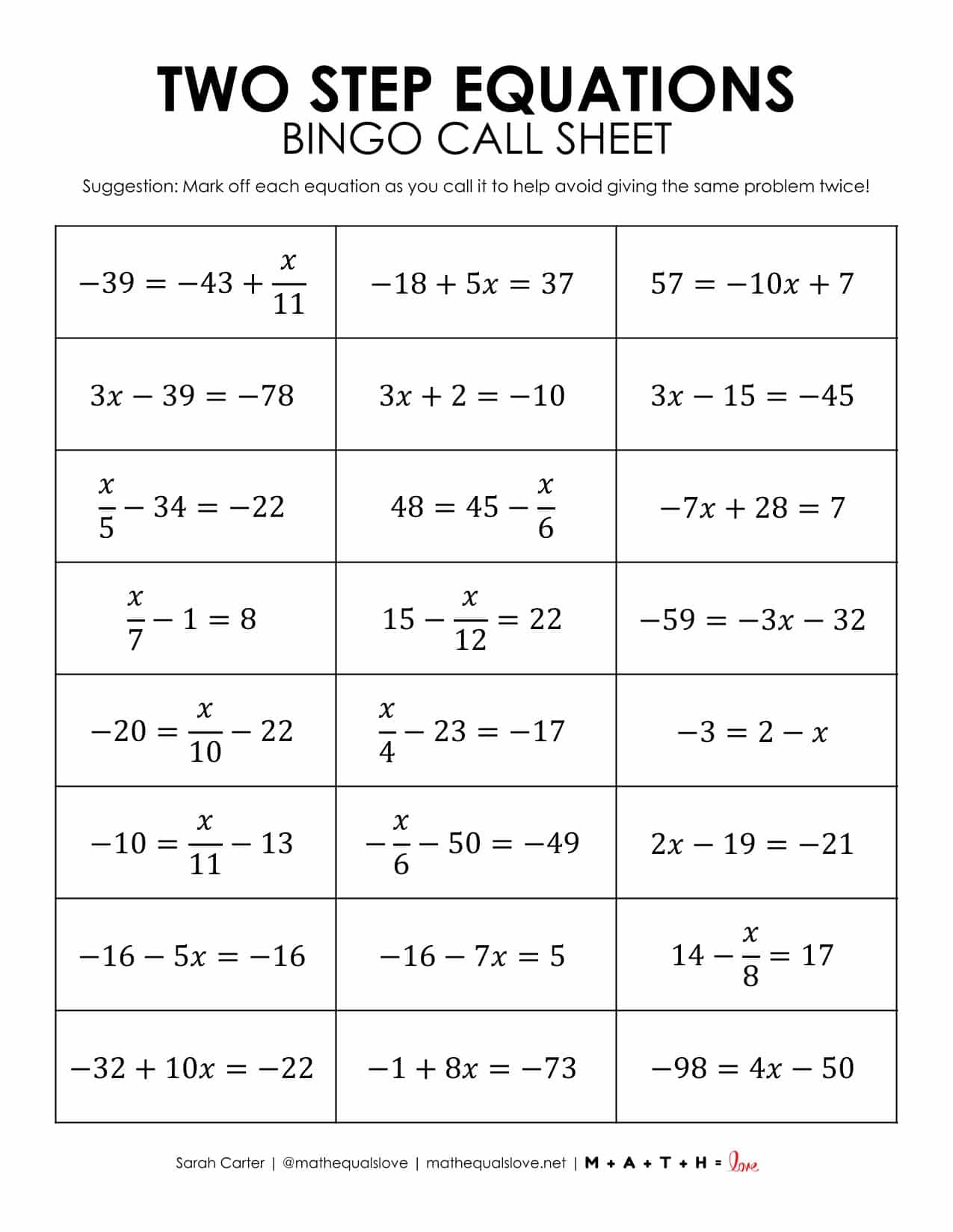 Two Step Equations Bingo Game (Free PDF)
