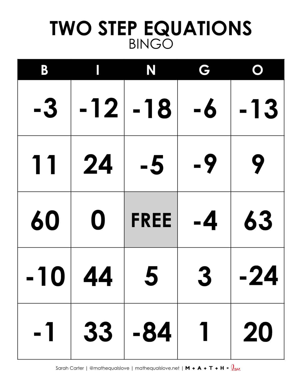 Two Step Equations Bingo Game (Free PDF)