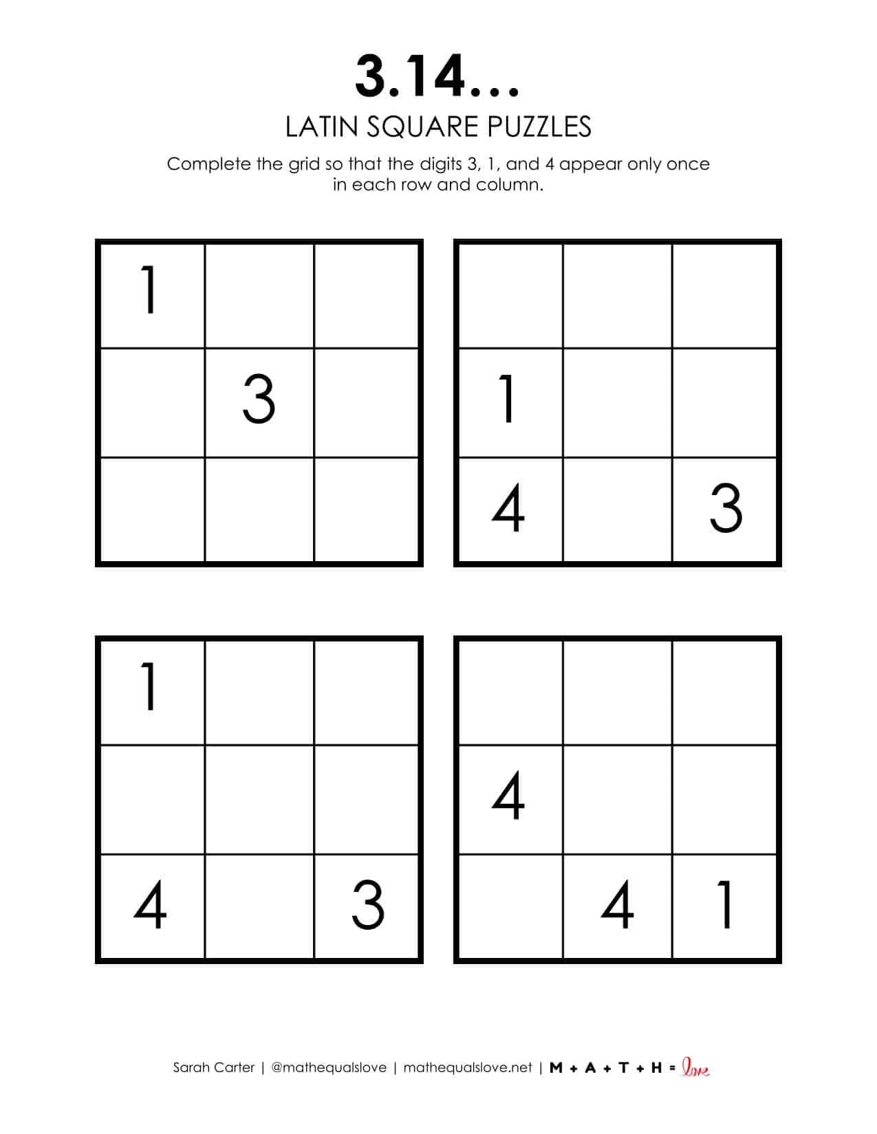3-1-4 Pi Day Latin Square Puzzles | Math = Love