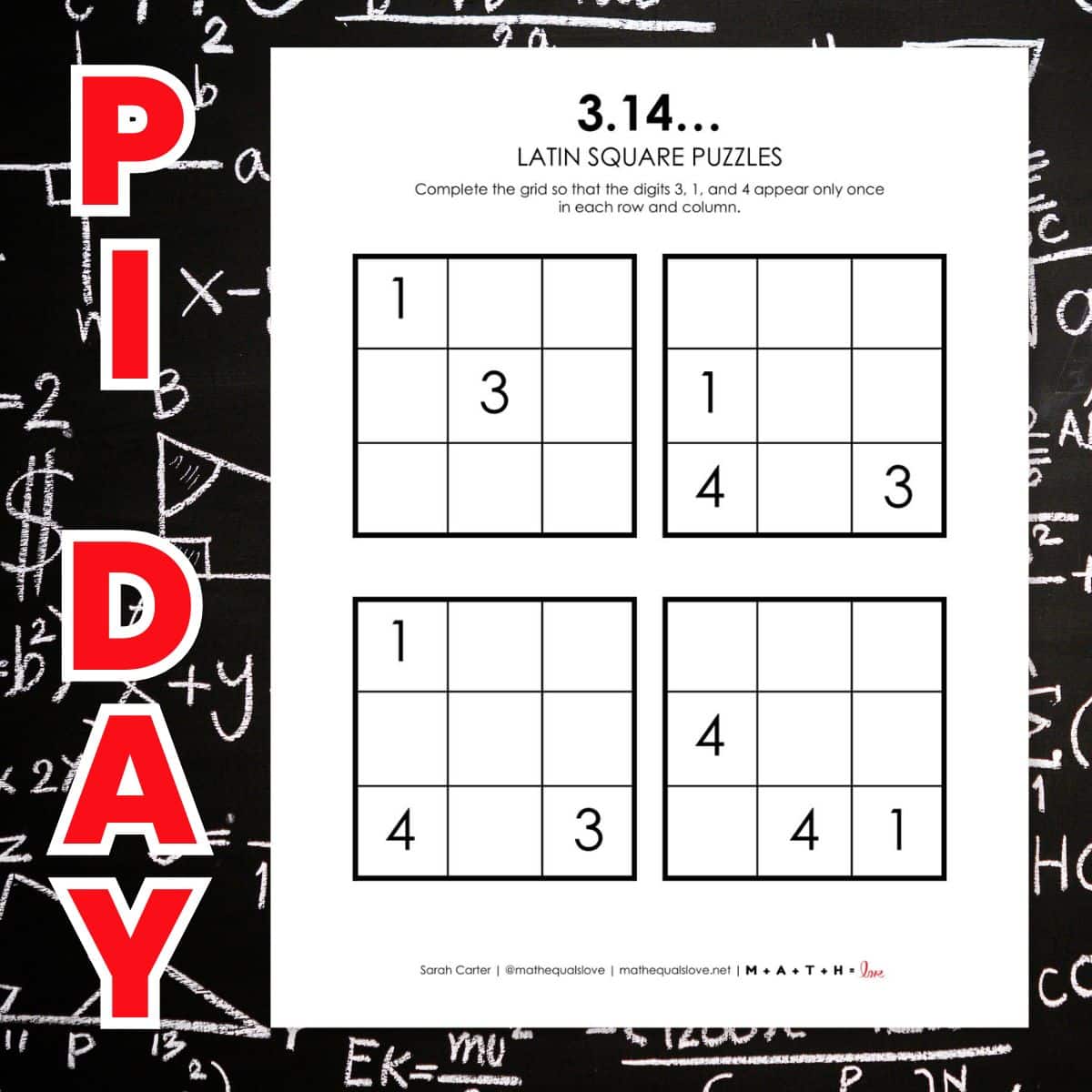3-1-4 Pi Day Latin Square Puzzles | Math = Love