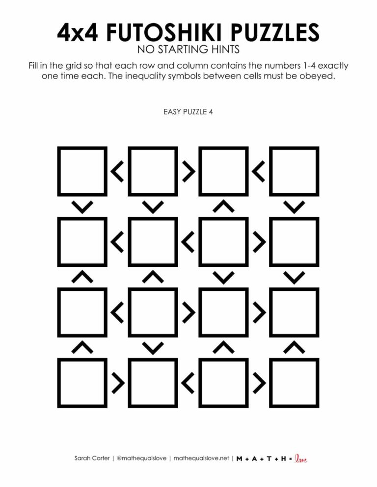 Futoshiki 4x4 Puzzles (Free Printable PDFs)