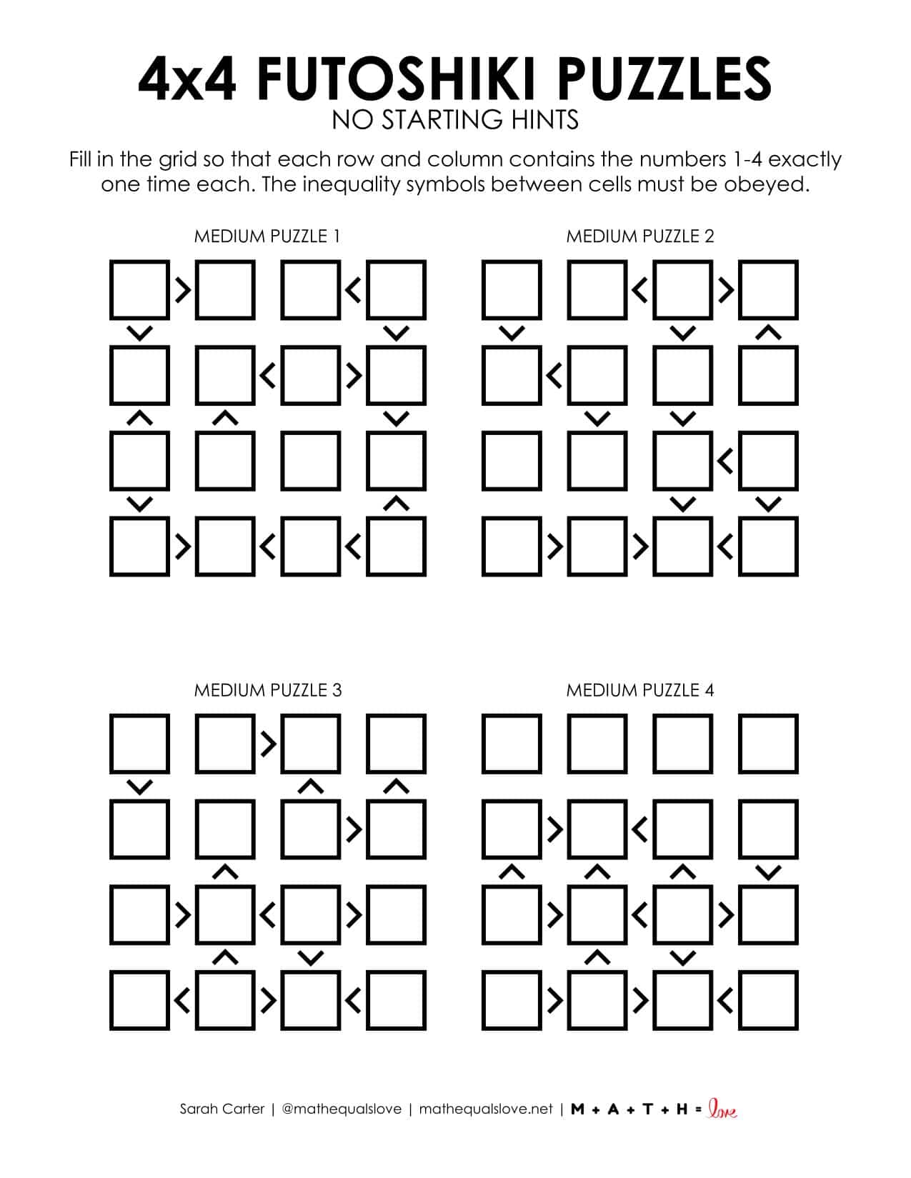 Futoshiki 4x4 Puzzles (Free Printable PDFs)