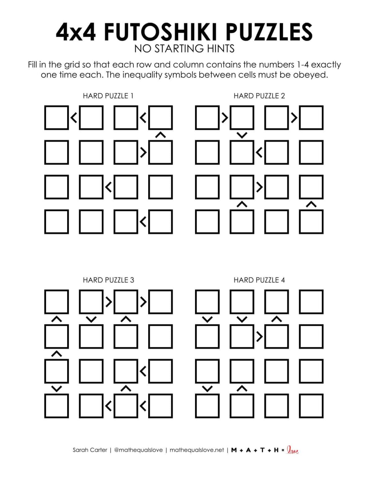 Futoshiki 4x4 Puzzles (Free Printable PDFs)
