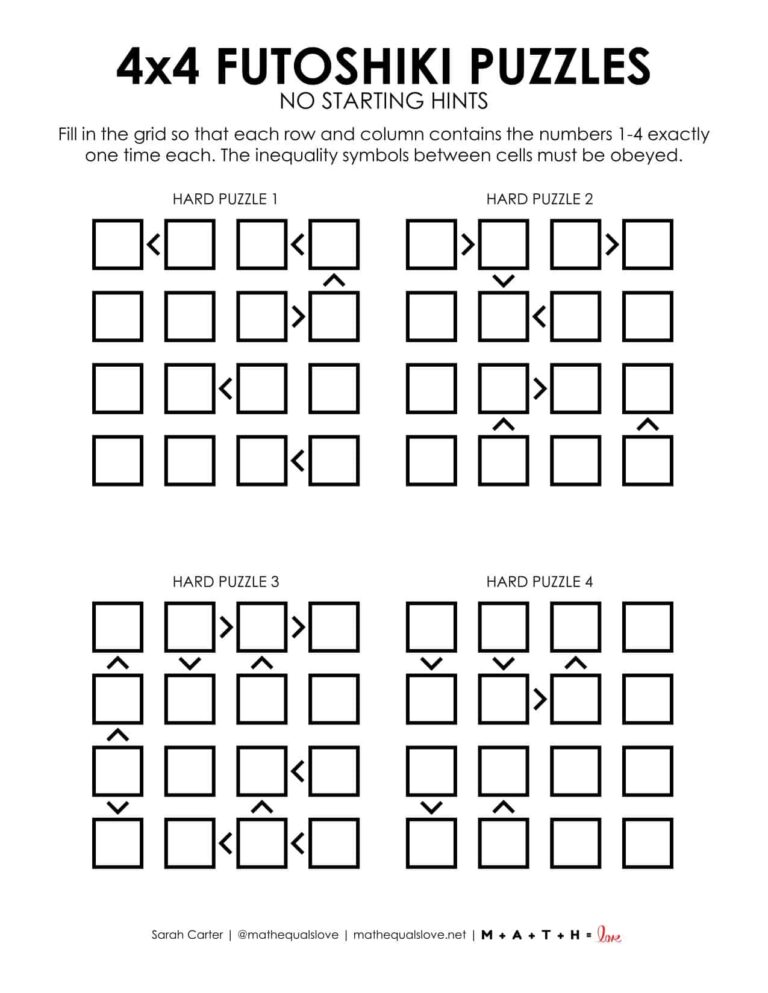 Futoshiki 4x4 Puzzles (Free Printable PDFs)