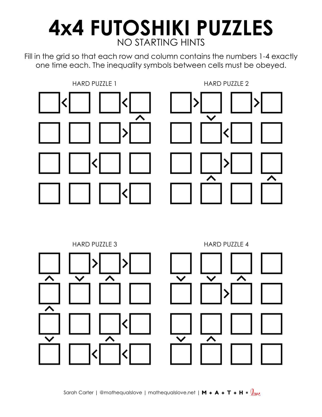 Futoshiki 4x4 Puzzles (Free Printable PDFs)