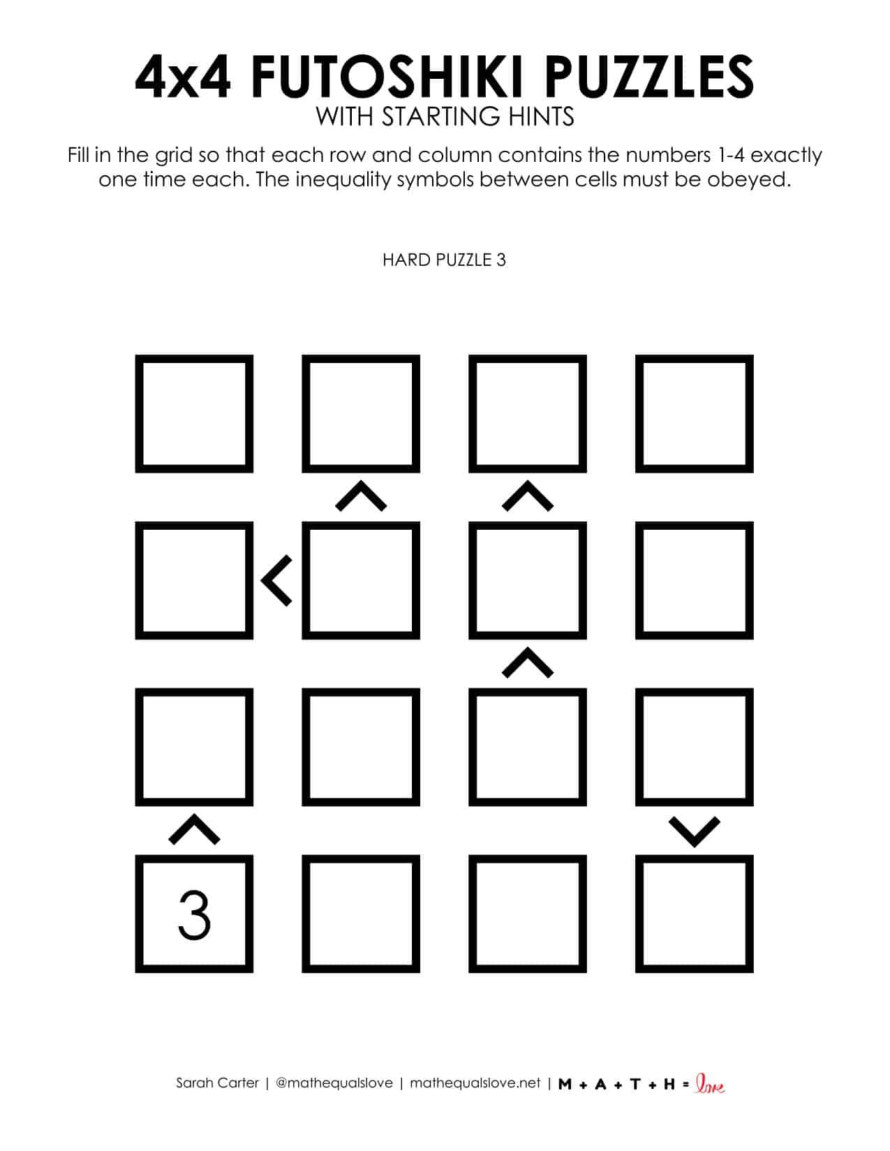 Futoshiki 4x4 Puzzles (Free Printable PDFs)
