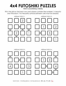 Futoshiki 4x4 Puzzles (Free Printable PDFs)