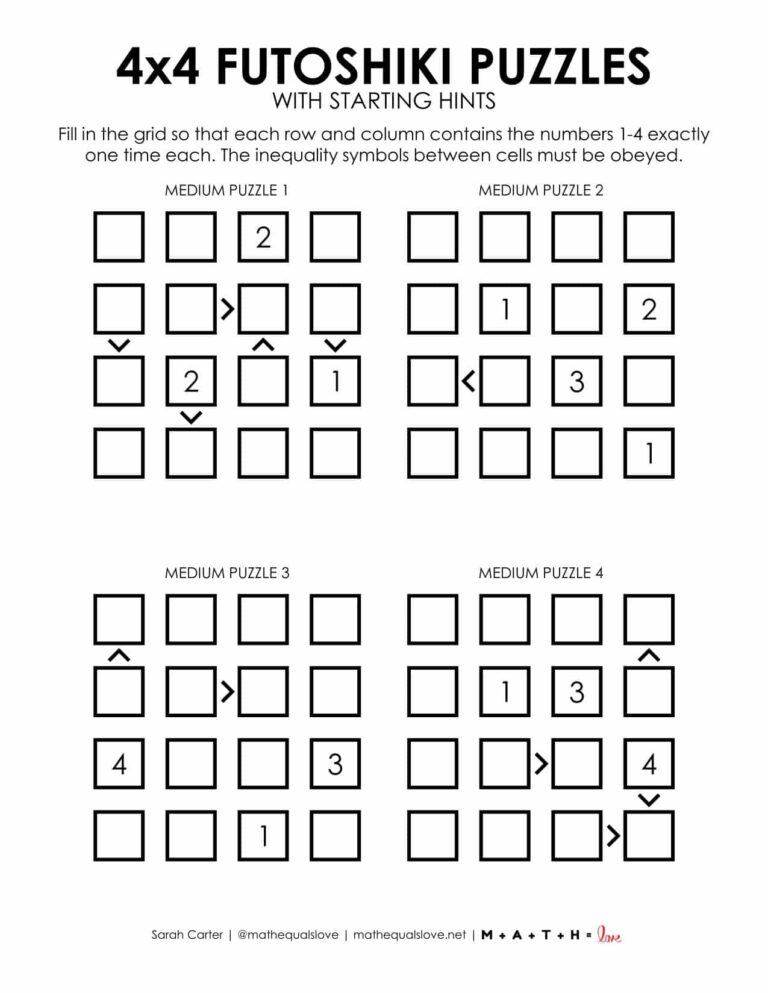 Futoshiki 4x4 Puzzles (Free Printable PDFs)