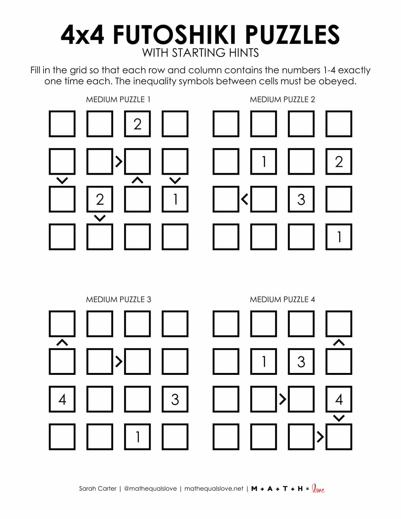 Futoshiki 4x4 Puzzles (Free Printable PDFs)