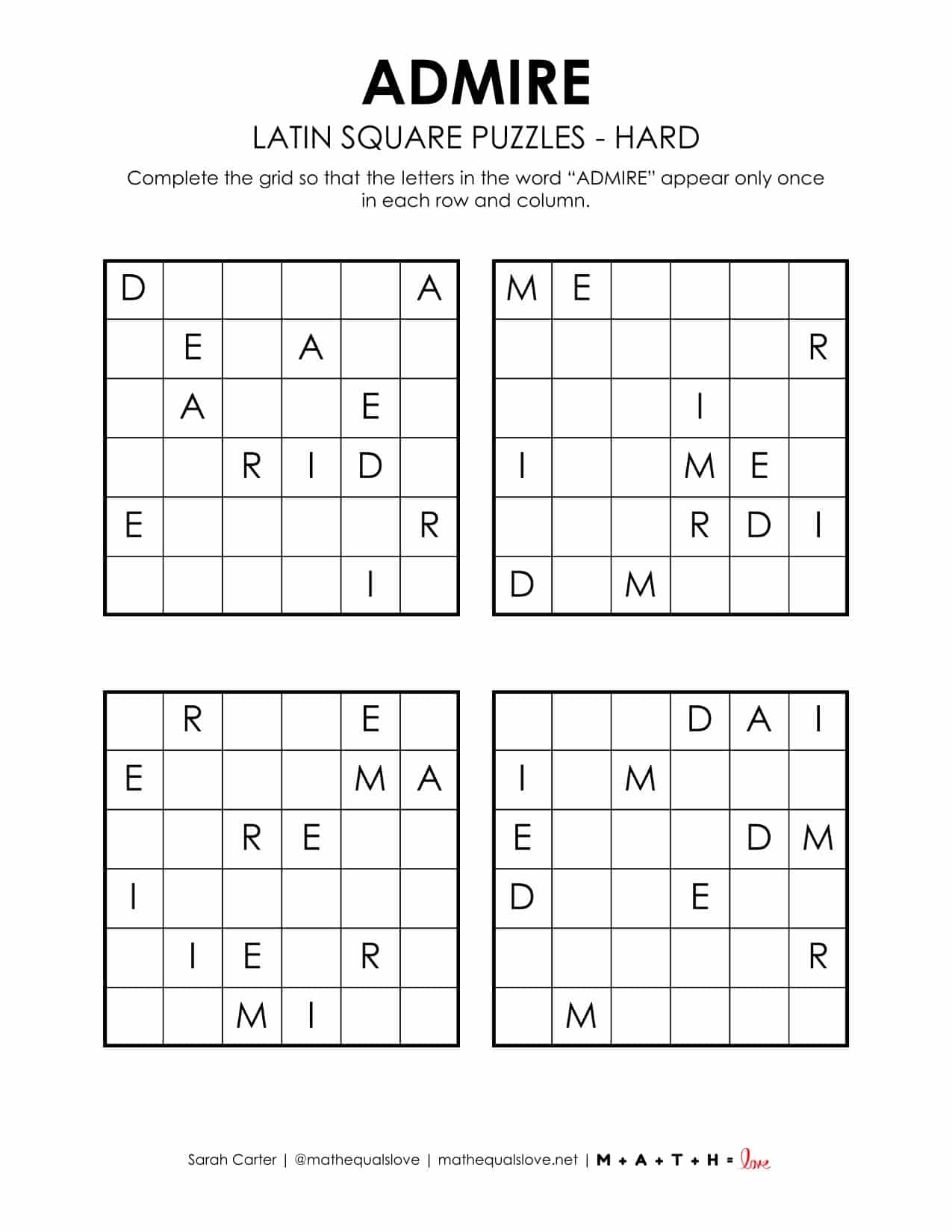 Admire Latin Square Puzzles | Math = Love