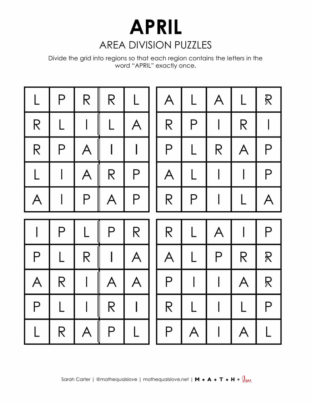 April Area Division Logic Puzzles | Math = Love