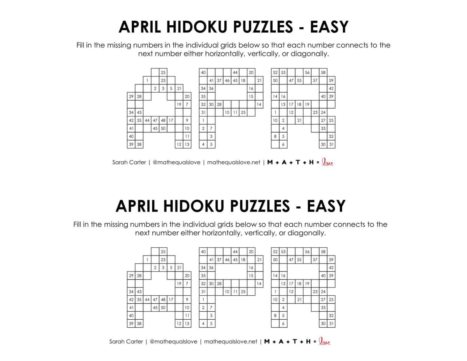 April Hidoku Puzzles | Math = Love