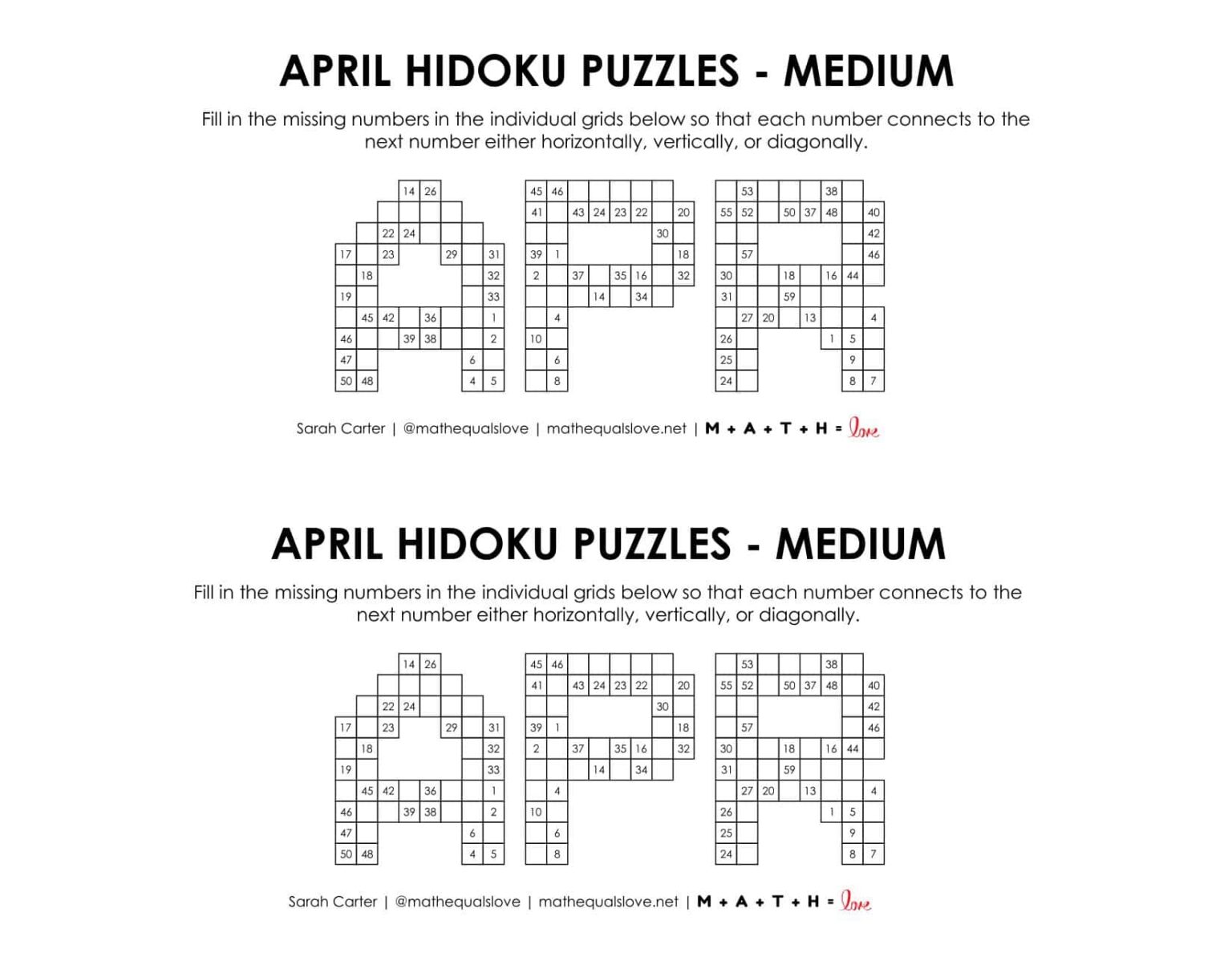 April Hidoku Puzzles | Math = Love