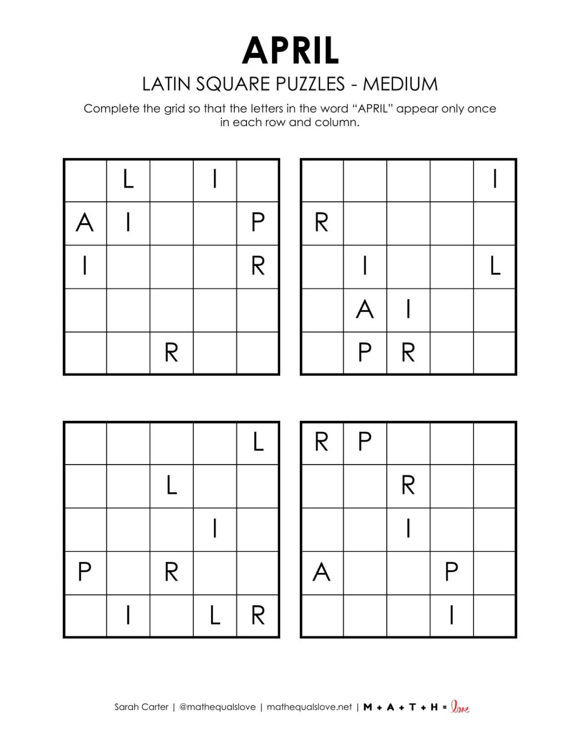April Latin Square Puzzles | Math = Love
