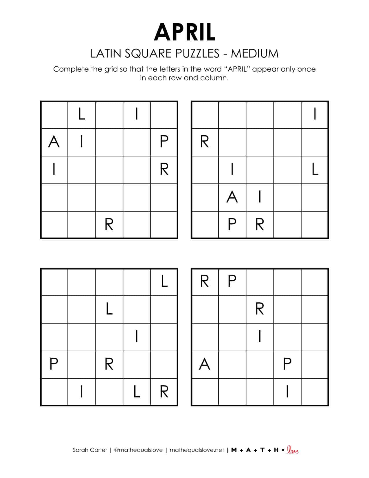April Latin Square Puzzles | Math = Love