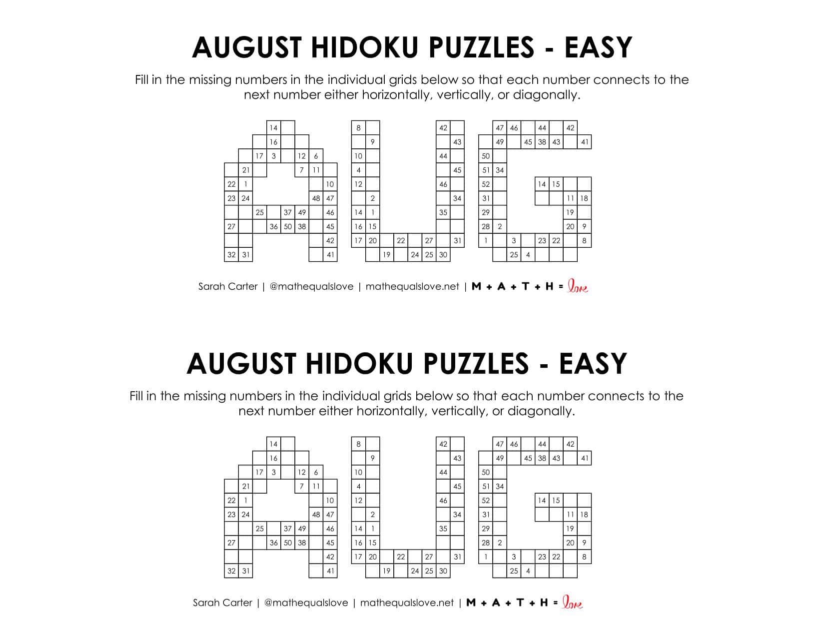 August Hidoku Puzzles | Math = Love