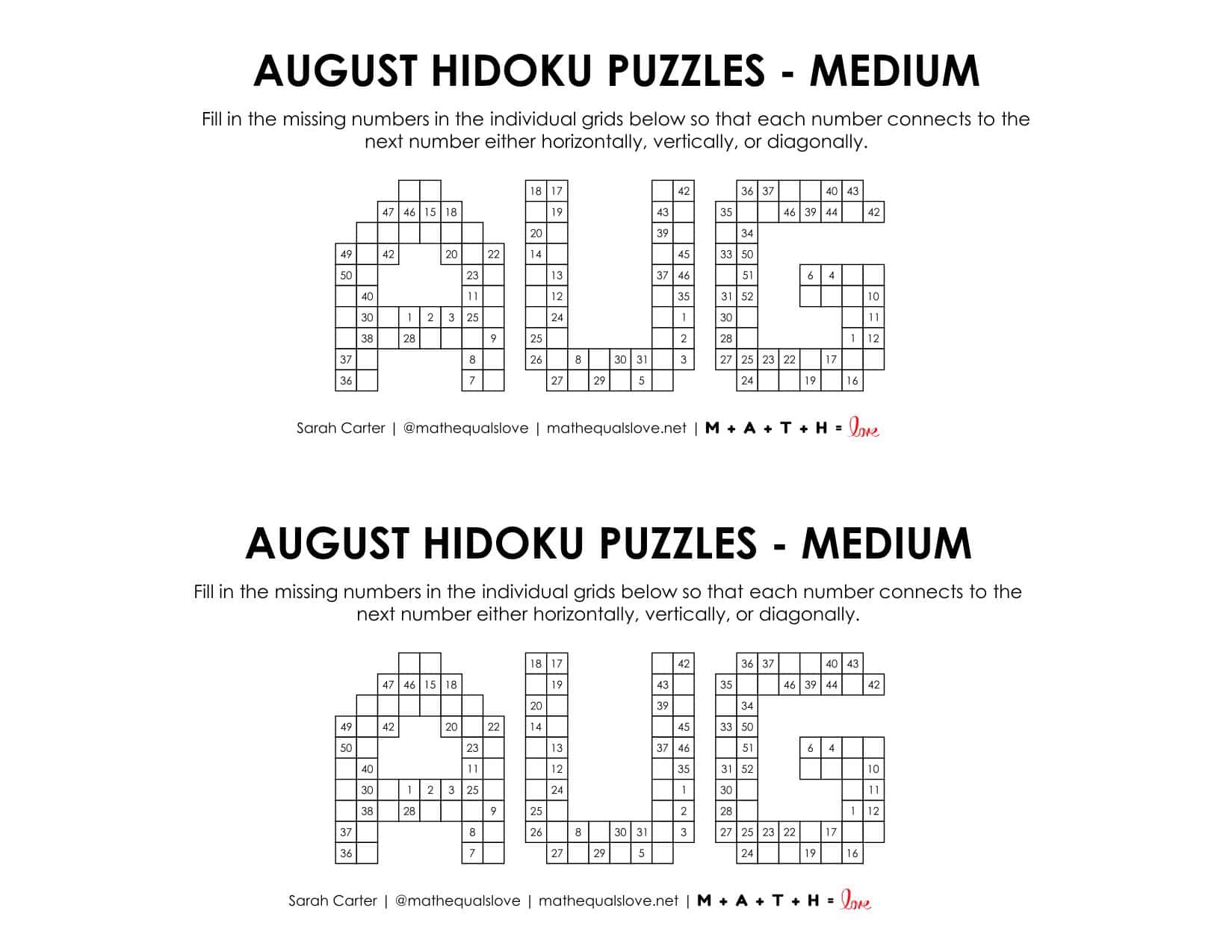August Hidoku Puzzles | Math = Love