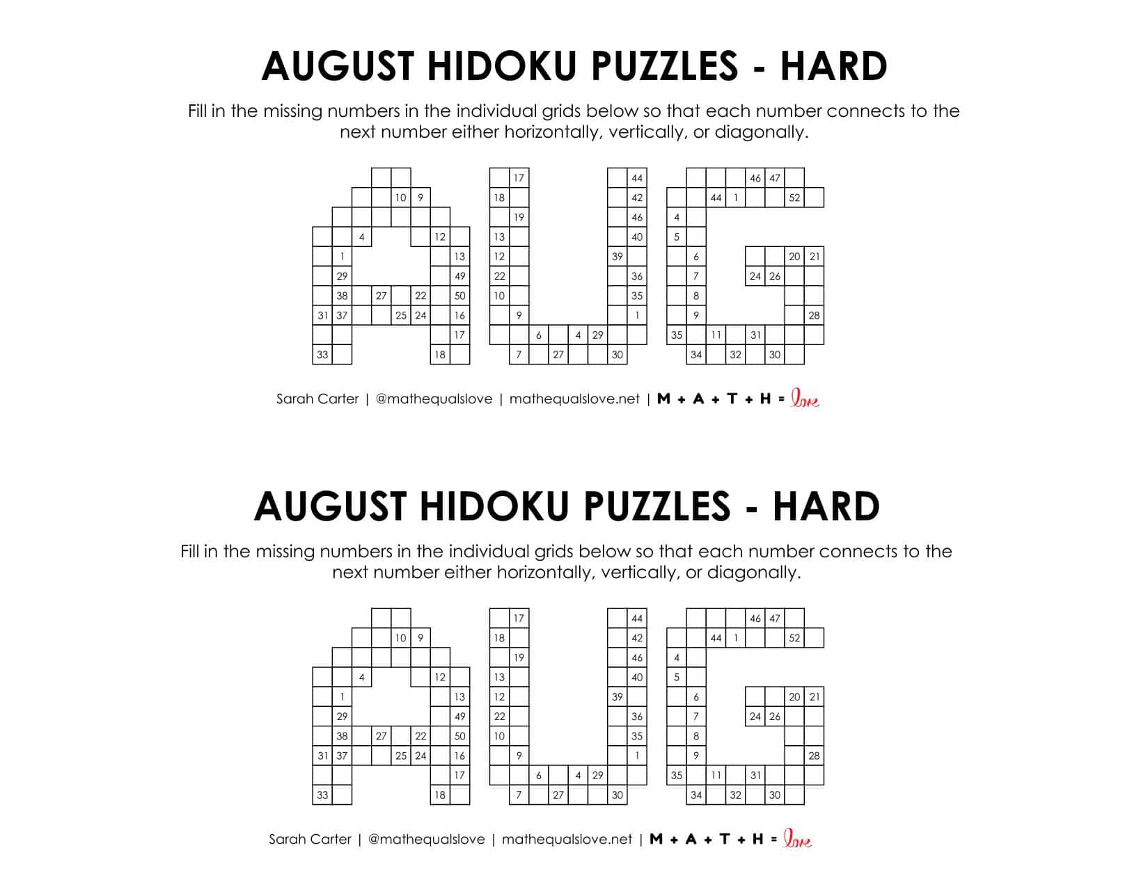 August Hidoku Puzzles | Math = Love