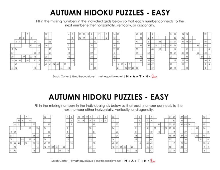 Autumn Hidoku Puzzles | Math = Love