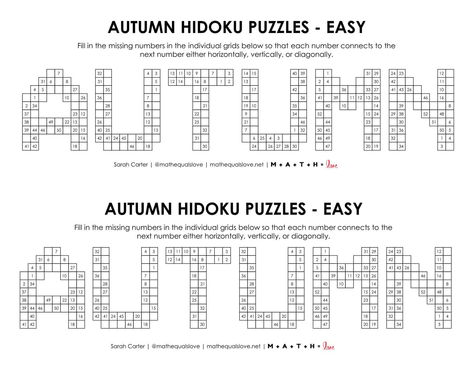 Autumn Hidoku Puzzles | Math = Love