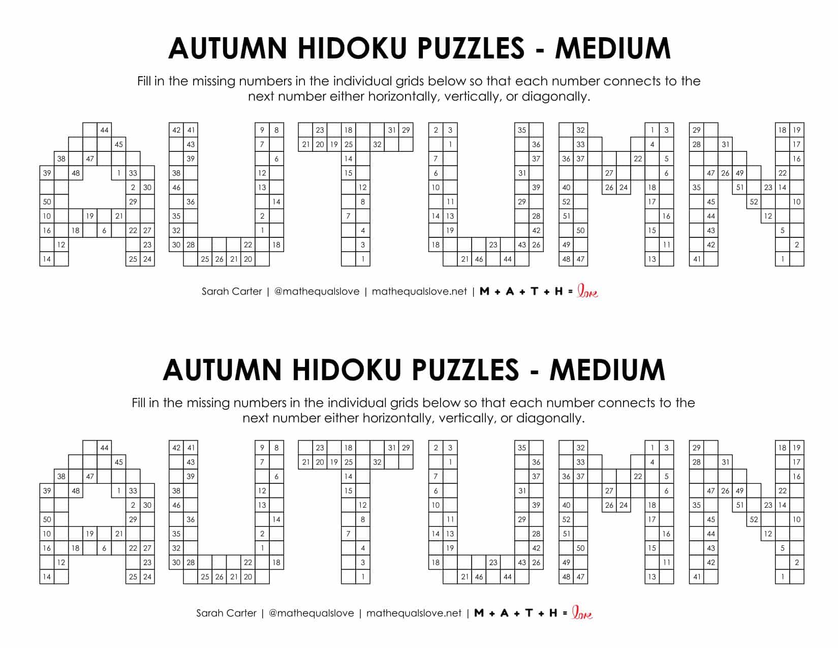 Autumn Hidoku Puzzles | Math = Love