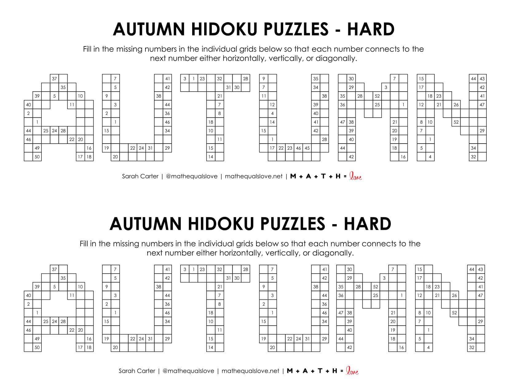 Autumn Hidoku Puzzles | Math = Love